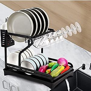 YWCMESDM Dish Drying Rack, Multifunctional Dish Rack with Drainboard & Utensil Holder, 2 Tier Stainless Steel Dish Racks, Dish Drainers with a Large Capacity for Kitchen Counter (Black)
