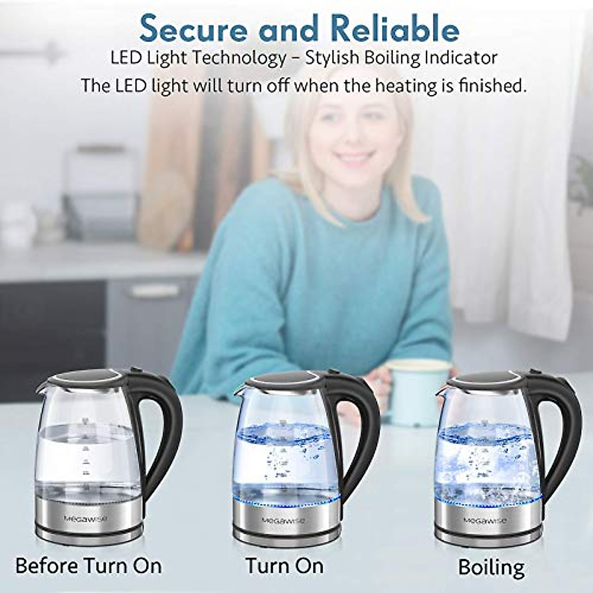 MegaWise 1500W Electric Kettle, 1.8L Borosilicate Glass Tea Kettle with LED Light, Auto Shut-Off and Boil-Dry Protection Cordless Kettle Fast Boiling, BPA Free