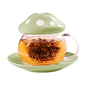 Mozacona Glass Mushroom Shape Teacup Saucer Set Coffee Mug with Filter Cup