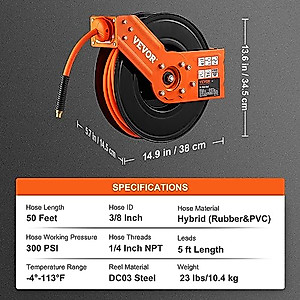 VEVOR Retractable Air Hose Reel, 3/8 IN x 50 FT Hybrid Air Hose Max 300PSI, Air Compressor Hose Reel with 5 ft Lead in, Ceiling/Wall Mount Heavy Duty Single Arm Steel Reel
