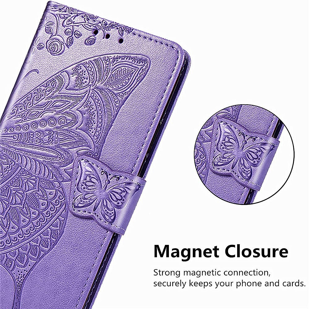 MEUPZZK Samsung Galaxy A14 5G Case, Samsung A14 5G Wallet Case, Embossed Butterfly Flower Premium PU Leather [Kickstand][Card Slots][Wrist Strap][6.6 inch] Phone Cover for Samsung A14 5G (A-Lavender)