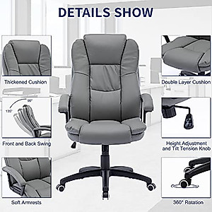 High Back Big and Tall Leather Office Chair, Ergonomic Grey Executive Chair, Comfortable Padded Office Chair Adjustable Height Bonded Leather Chairs with Cushions Armrest for Long Time Seating (Grey)