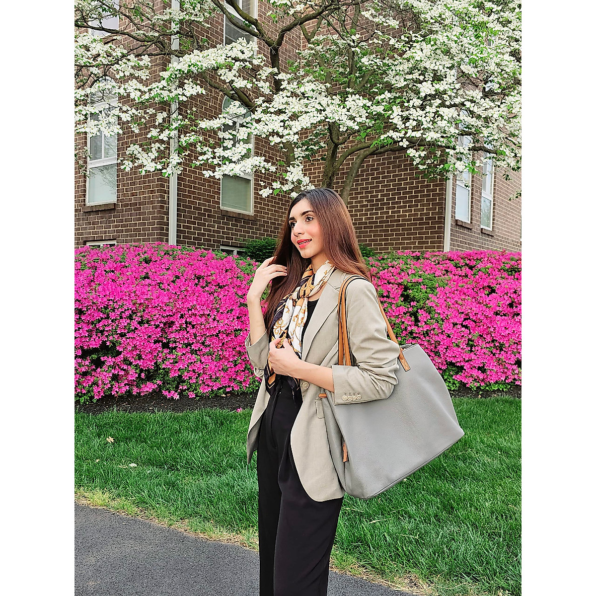 S-ZONE Leather Tote Bag for Women with Zipper Soft Genuine Leather Handbags Shoulder Bags Big Large Capacity Grey