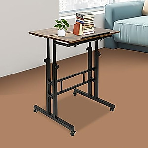 LOHISHILO Mobile Stand Up Desk Adjustable Laptop Desk with Wheels Storage Rolling Table Cart for Standing or Sitting, for Home Office Workstation, Iron-Brown, 27.5-45.3in