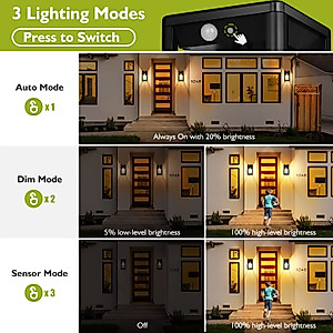 Solar Wall Light Outdoor, Motion Sensor Porch Light Fixture, Wireless Dusk to Dawn Exterior Wall Lantern with 3 Modes and LED Bulb, Waterproof Black Outside Wall Sconce for Front Door Patio Doorway