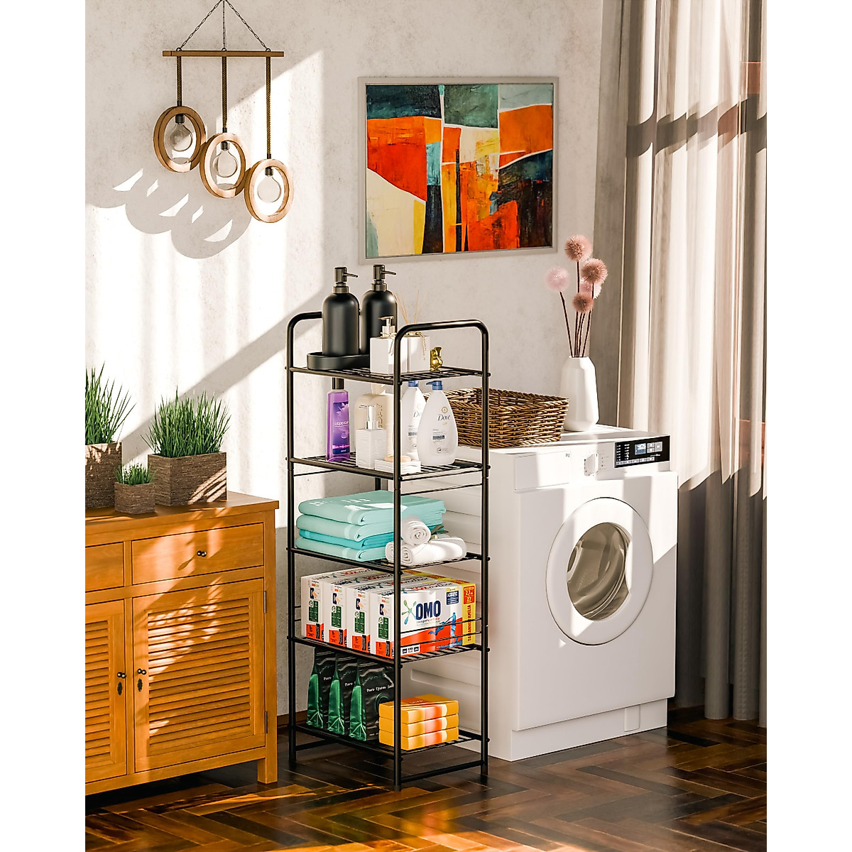 GEORIS 5- Tier Heavy Duty Wire Shelving Storage Rack | Modern Bathroom Shelf | Stackable Plant Standing Shelf Unit | Perfect for Kitchen, Living Room, Balcony | Black