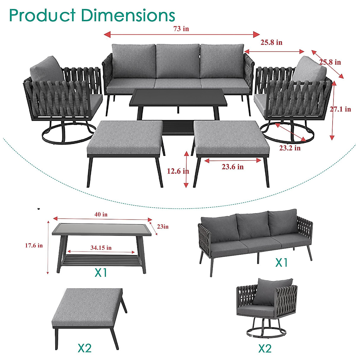 HOMREST 6 Pieces Metal Patio Furniture Set, Outdoor Aluminum Furniture w/ 2 Swivel Chairs, Ottoman, Coffee Table, Woven Rope Modern Patio Conversation Set for Balcony, Garden, Yard (7 Seats, Grey)