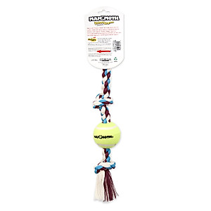 Mammoth Flossy Chews Color 3 Knot Tug w/Standard Tennis Ball – Premium Cotton-Poly Tug Toy for Dogs – Interactive– Rope Dog Toy for Medium Dogs - 20”