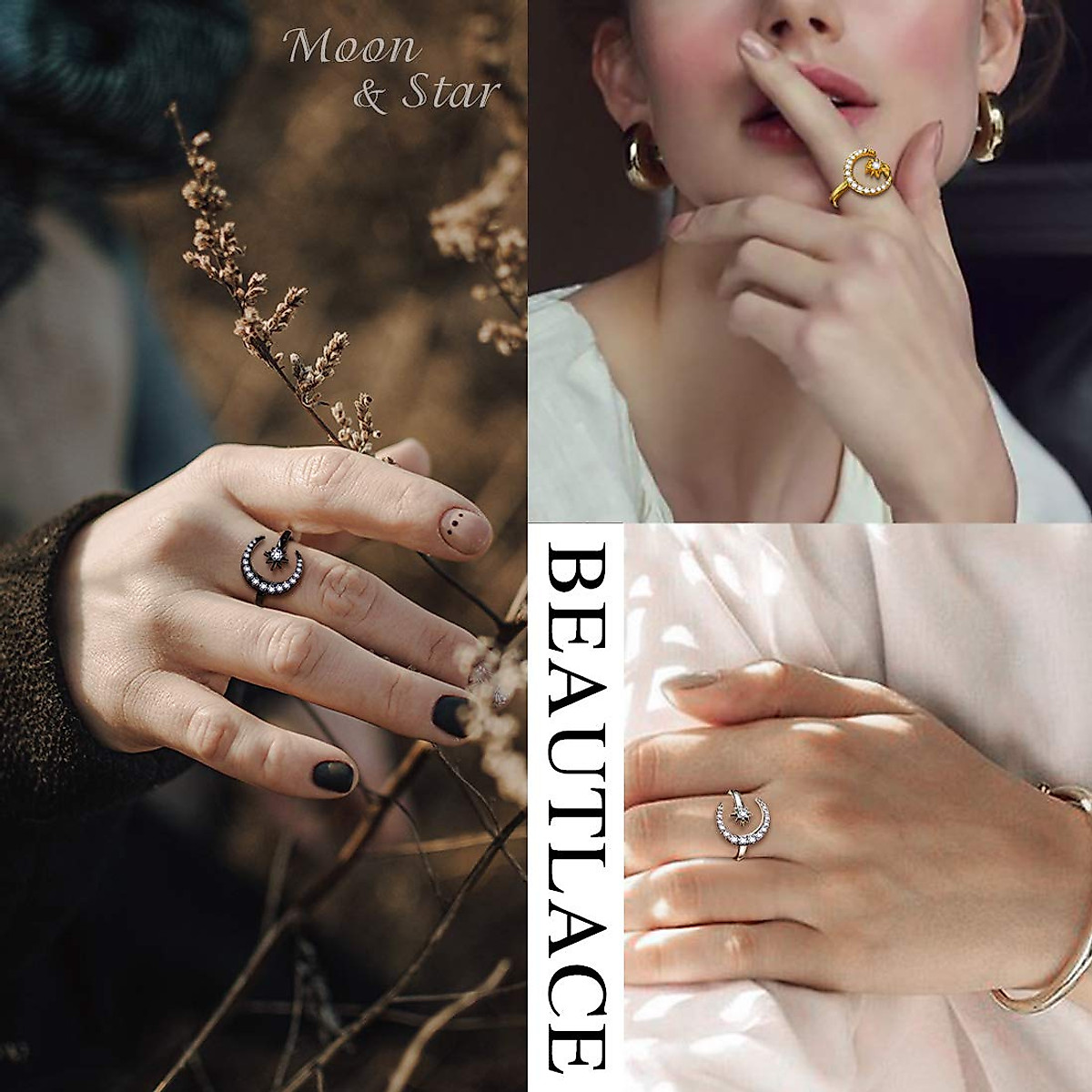 beautlace Star and Moon Adjustable Rings Black Gun Plated Crescent Moon Stars Open Ring Jewelry for Women KR0032K
