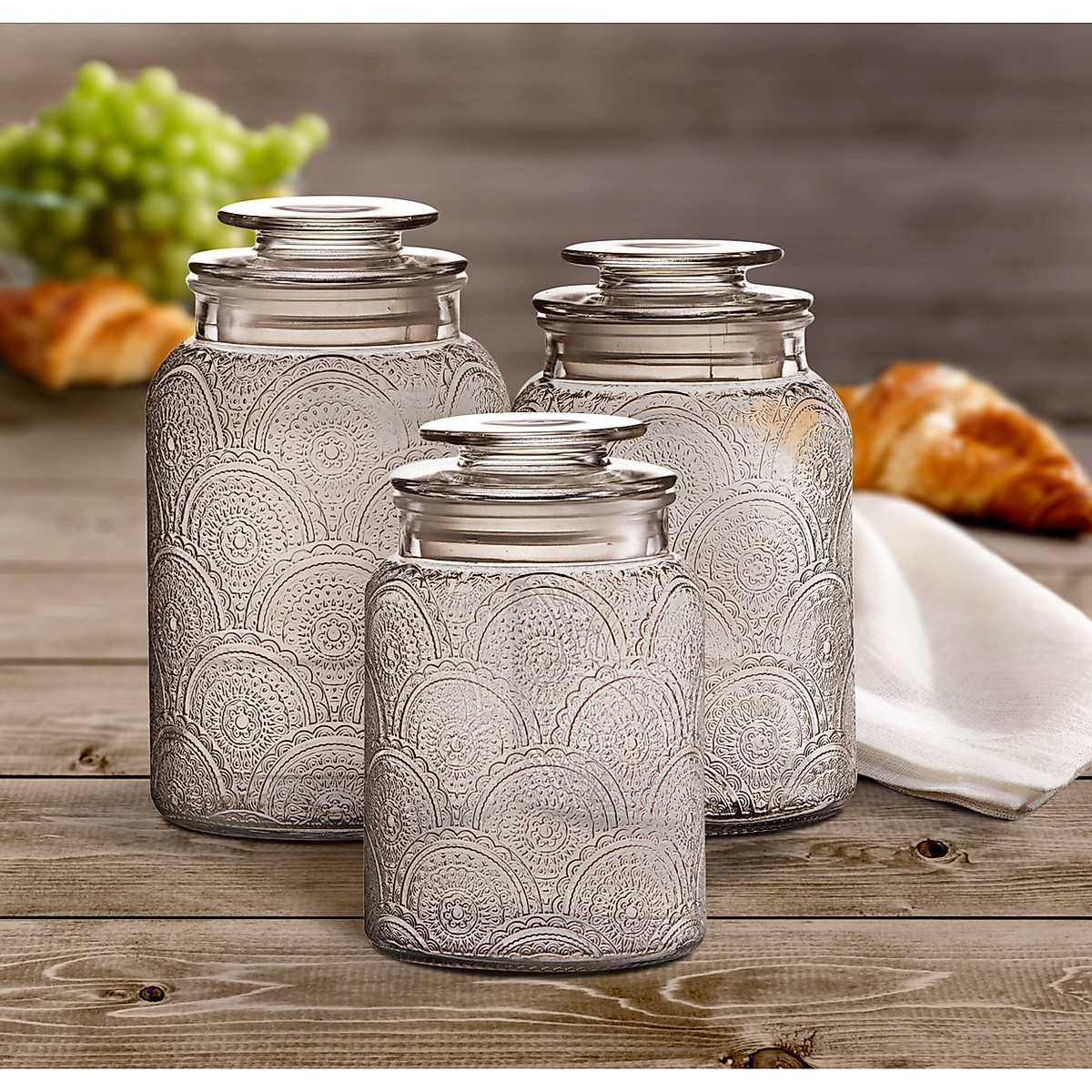 Style Setter Canister Set 3-Piece Glass Jars in 34oz, 44oz & 54oz Retro Design w/ Airtight Lids for Cookies, Candy, Coffee, Flour, Sugar, Rice, Pasta, Cereal & More