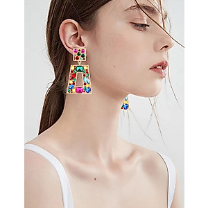 Canboer Colorful Rhinestone Rectangle Dangle Earrings Sparkly Geometric Drop Statement Earrings Hypoallergenic for Women Party Prom