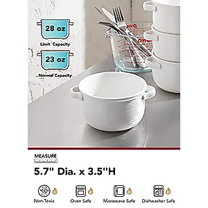 LE TAUCI Soup Bowls with Handles, Ceramic French Onion Soup Bowls 28 Ounces for Soup, Cereal, Chilli, Beef Stew, Stackable Serving Bowls Set, Oven Microwave Dishwasher Safe, Set of 4, White