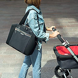 Stevie Luxe Scuba Black Modern Style Baby Diaper Bag by Storksak | Water-Resistant, Large Capacity Multi-Functional Bag with Smooth Leather Trim and Rose Gold Hardware | Shoulder and Stroller Straps