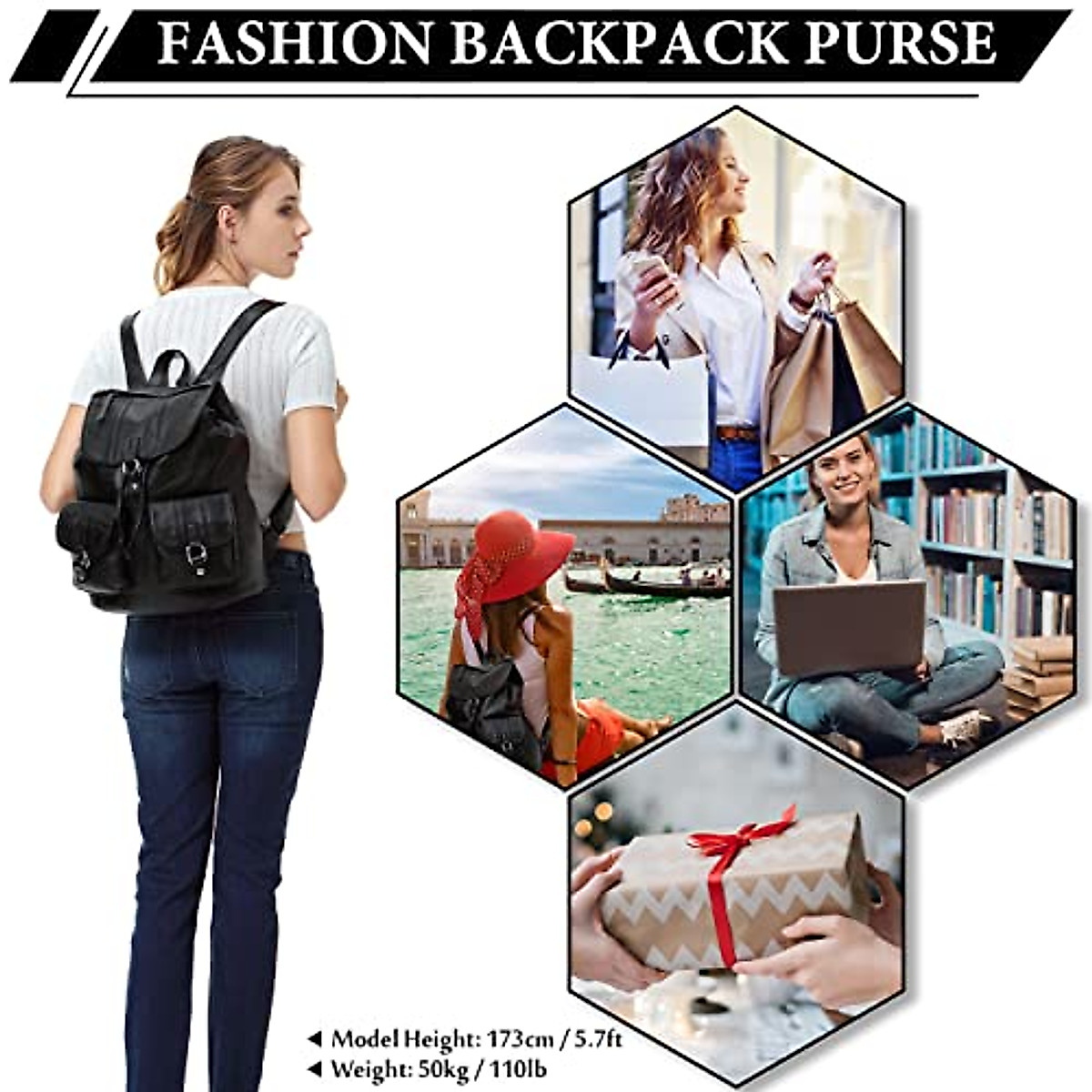 VASCHY Backpack Purse for Women, Fashion Faux Leather Buckle Flap Drawstring Backpack for College with Two Front Pockets Black