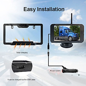 Solar Wireless License Plate Frame Backup Camera, 5 Inch HD Monitor with Digital Wireless Signal and HD Image Waterproof Rear View Camera for Truck,Car,RV，5 Mins DIY Installation，YIMU WX8310D