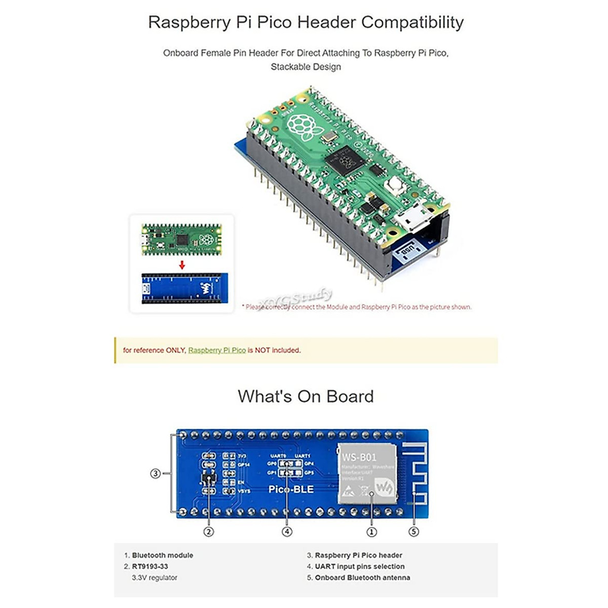 Dual-Mode Bluetooth Module for Raspberry Pi Pico, SPP / BLE, Bluetooth 5.1 Wireless @XYGStudy (Pico-BLE)
