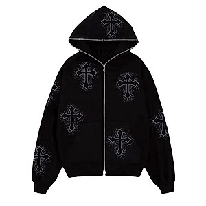 Easyoyo Men Women Skeleton Gothic Diamond Glitter Y2K E-Girl Oversize Full Zipper Hooded Sweatshirt Jacket