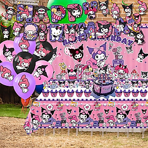 Kuromi Birthday Party Supplies, Party Decorations Set Include Banner, Backdrop, Balloons, Hanging Swirls, Cake Cupcake Toppers, Tablecloth for Girls Kuromi Theme Party