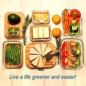 Urban Green Glass Containers with Bamboo Lids, Meal Prep Glass Containers, Glass Food storage Containers, 5 Pack, Pantry & Kitchen Glass Organizer, Lunch glass container, Microwave Oven Freezer Safe