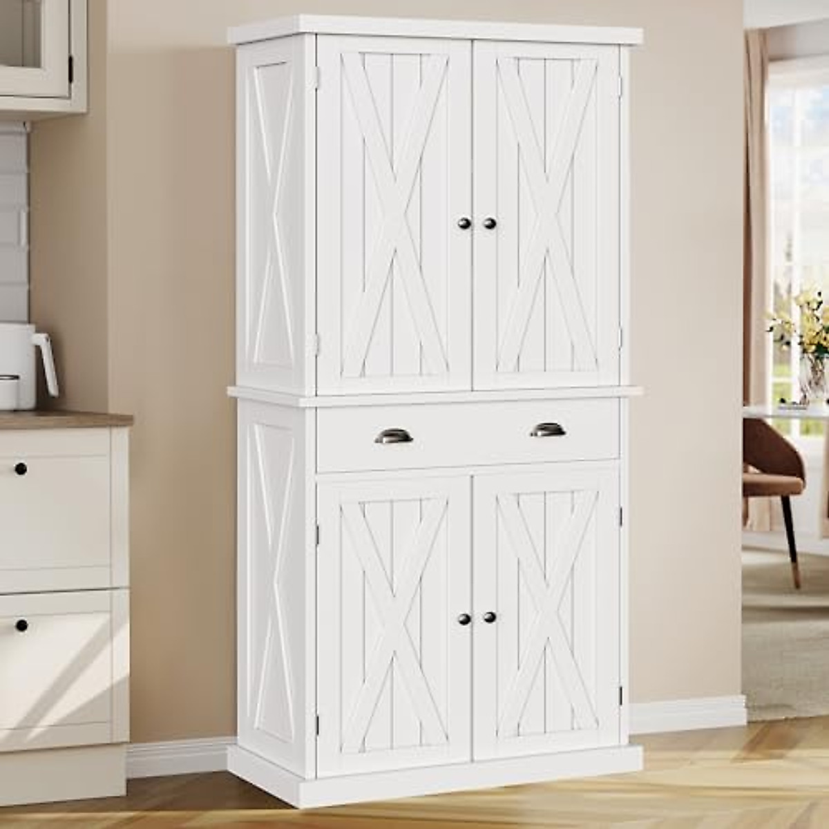 YITAHOME 72'' Farmhouse Kitchen Pantry Storage Cabinet, Tall Freestanding Cupboard with Drawer and Adjustable Shelves, Sideboard Buffet Cabinet for Kitchen, Dining Room, Living Room, White