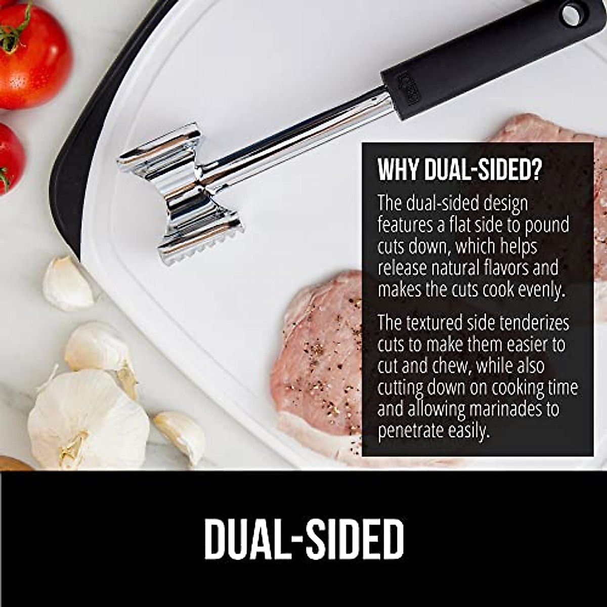 Gorilla Grip Heavy Duty Meat Tenderizer, Oversized Kitchen Mallet, Soft Grip Handle, Tool Maximizes Food Flavor, Spiked Side Tenderizes, Flat Smooth Flattens Steak, Pound Beef, Commercial Grade, Black