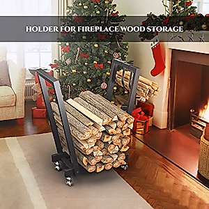 Unikito Indoor Firewood Rack Log Holder Stand for Patio, Fire Wood Rack Stand with Kindling Holder for Indoor Fireplace, Outdoor Patio Wood Fire Pit Stove, Wood Storage Stacker with Wheels, Black