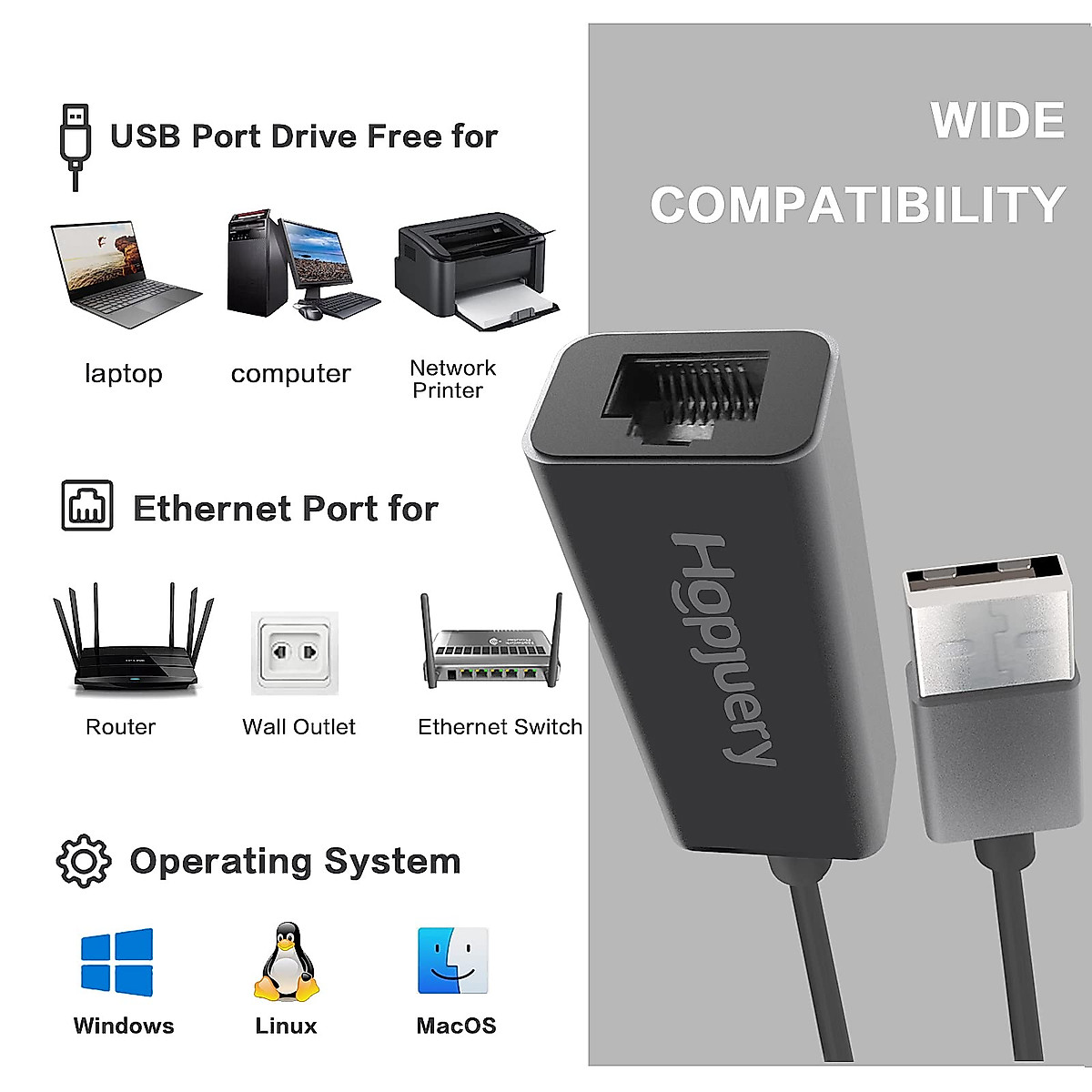 USB to Ethernet Adapter, Hopjuery Driver Free USB 2.0 to 10/100 Mbps Ethernet LAN Network Adapter, RJ45 Internet Adapter Compatible with MacBook, Surface,Notebook PC with Windows, XP, Vista, (twopack)