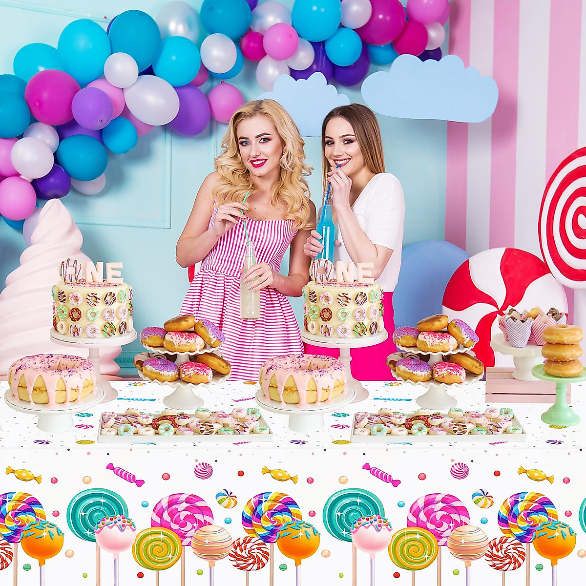 PHOGARY Sweet Candyland Tablecloth, 3 Pack Candies Theme Plastic Table Cover, Two Sweet Birthday Table Cloths Colorful Lollipop Tablecovers for Girls Party Candy Land Christmas Party Decoration