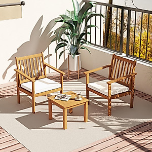 Tangkula 3 Pieces Patio Wood Furniture Set, Acacia Wood Chairs and Coffee Table Set with Soft Cushions, Slatted Design, Outdoor Furniture Set for Porch, Yard, Balcony (White)