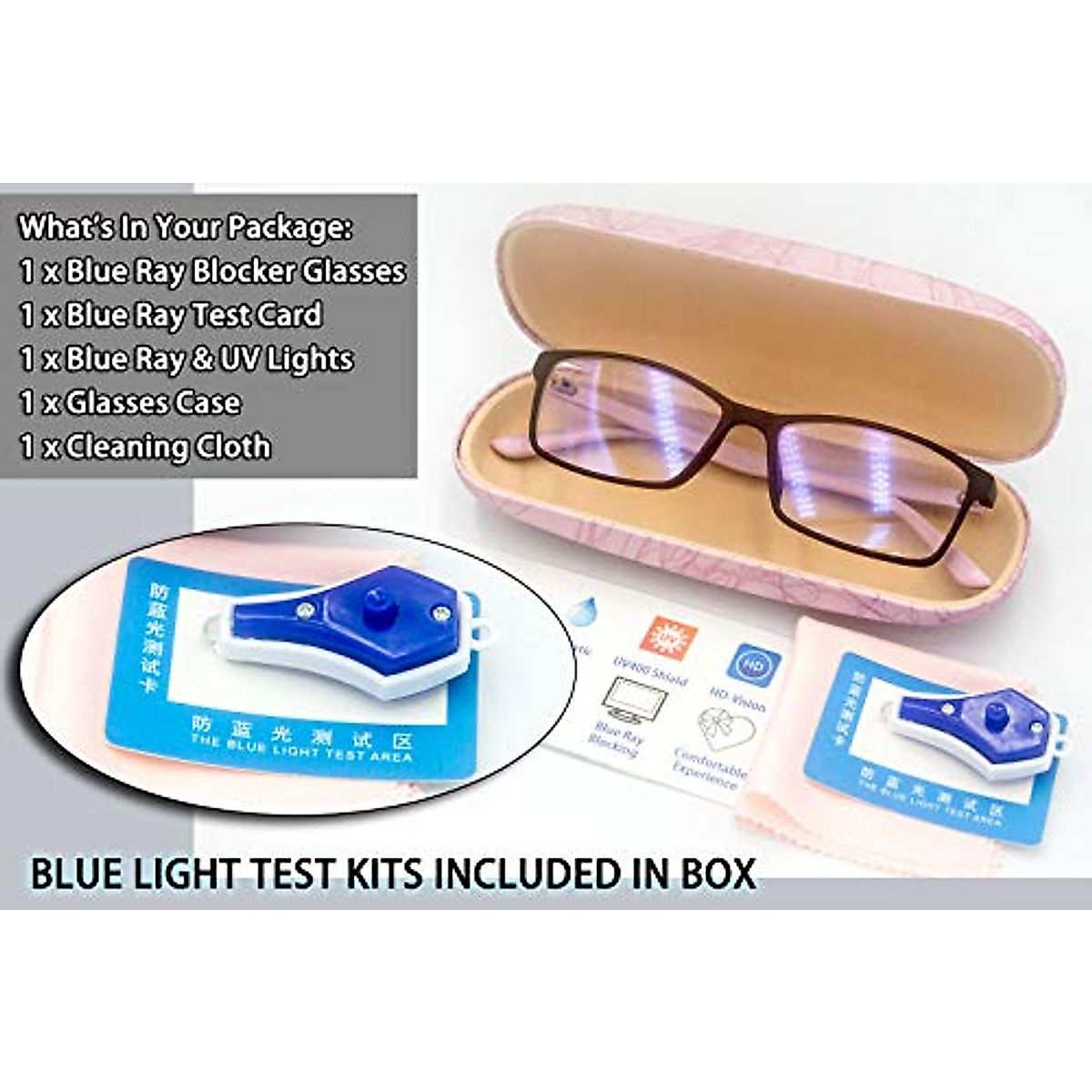 Women Anti Blue Light Glasses Block Eye Strain Glare with Case Tester, Gaming Computer Glasses Blue Light Block Glasses Filter UV Blocker Clear Lens Small Face Narrow Rectangle Nerd Frame Pink Black