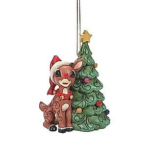 Enesco Jim Shore Rudolph The Red-Nosed Reindeer with Christmas Tree Hanging Ornament, 3.74 Inch, Multicolor