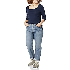 Amazon Essentials Women's Slim-Fit Long Sleeve Square Neck T-Shirt, Navy, XX-Large