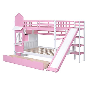 Loisall Castle Style Bunk Bed with 2 Drawers,Wooden Bed Frame with Ladder,Full-Length Guardrails,3 Shelves and Slide for Bedroom (Pink, Full-Over-Full)