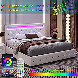 Keyluv Queen Upholstered LED Bed Frame with 4 Storage Drawers and Adjustable Crystal Button Tufted Headboard, Platform Bed with Solid Wooden Slats Support, No Box Spring Needed, White