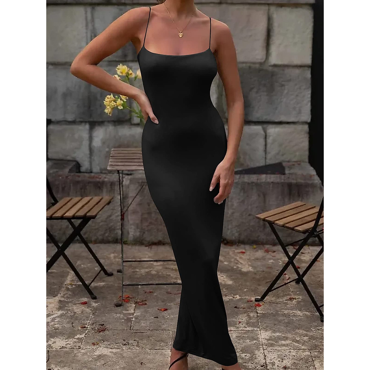 LILLUSORY Birthday Dress Sun Dresses for Women 2023 Summer Casual Sexy Dinner Backless Spaghetti Strap Bodycon Maxi Dresses Ladies Party Date Cami Long Dress Black