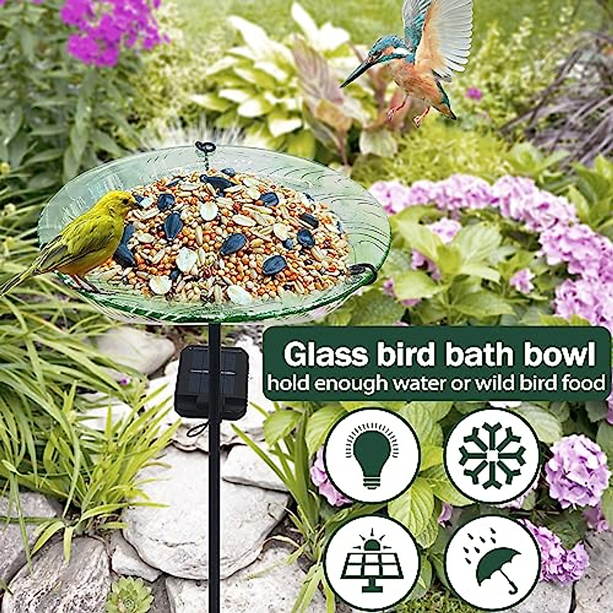 SUBOLO Bird Bath for Outdoors Solar Powered Glass Bird Bath Bowl with Metal Stake for Yard Lawn Garden Decorations, Transparent