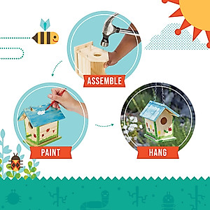 Beetle & Bee Build A Bird Bungalow - DIY Kid Art Craft Outdoor Birdhouse Kit, House Painting Kit for Kids, Hardware Glue Included- 4 Paints, 1 Brush, 7 Wooden Pcs, Chain For Tree Hanging Age 5+