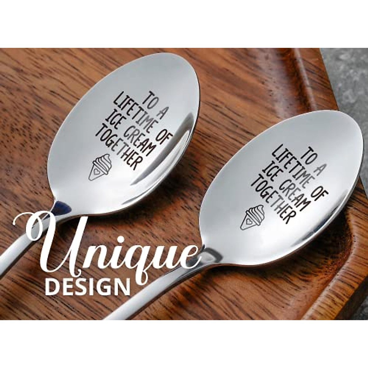 Engraved Ice Cream Spoon Gifts for Couple on Anniversary, 2 Pcs Personalized Coffee Spoon Stainless Steel, To a Lifetime of Ice Cream Together, Couple Gifts for Him and Her on Valentines Day