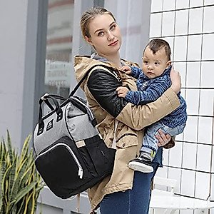Hafmall Diaper Bag Backpack, Multifunctional Baby Diaper Bag with Stroller Hooks, Stylish Baby Bag for Mom Dad, Gray Black