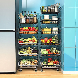Kitchen Metal Storage Basket with Wheels Stackable Wire Utility Rolling Cart Vegetable Fruit Baskets Rack for Pantry,Potato,Onions,Beverages Storage(6 Tiers)