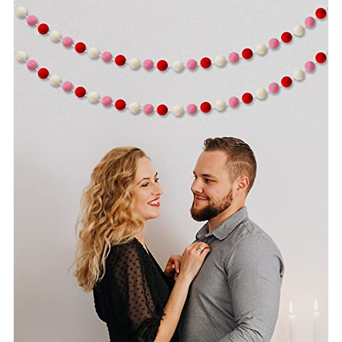 CAVLA 3 Pieces Valentine's Day Felt Ball Garlands Valentines Day Red Pink White Pom Pom Garlands 1 Inch Valentines Pompom Ball Banner for Mother's Day Wedding Engagement Hanging Decorations