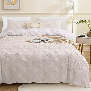MUXHOMO Duvet Cover Queen Size - Beige Tufted Duvet Cover Set, Ultra Soft Boho Texture Bedding Set of 3 Pieces (1 Comforter Cover + 2 Pillowcases) with Double-Zipper Closure