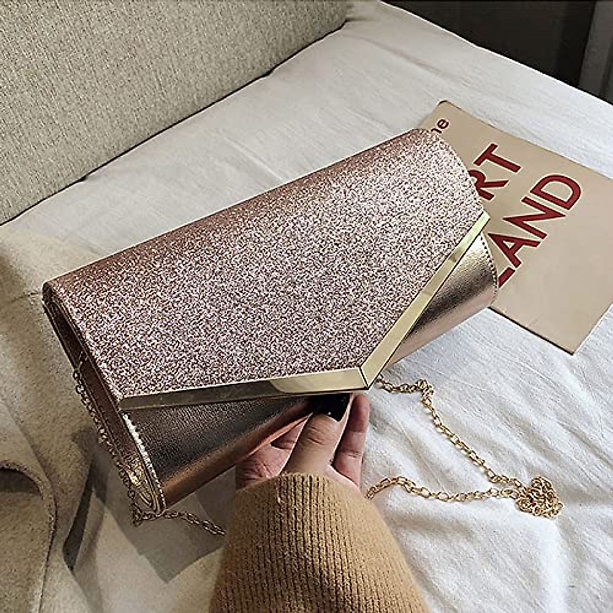 Teanea Glitter Envelope Clutch Formal Evening Wedding Handbag Chain Purse for Women, Rose Gold