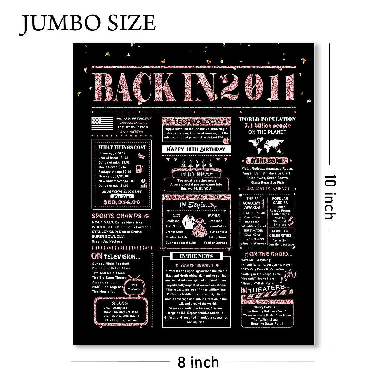 BGTCARDS 13th Birthday Card, 13th Birthday Decorations for Girls, 13th Birthday Gifts for Daughter, Jumbo Birthday Cards for 13 Year Old Granddaughter, Funny Back in 2011 Birthday Card, Rose Gold