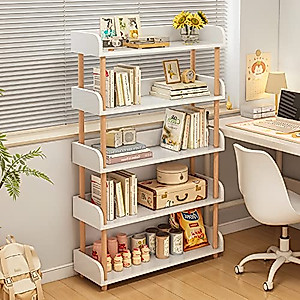 OSCHF 5-Tier Wooden Open Bookcase - Modern Freestanding Bookshelf with Side Panels and Solid Wood Frame for Home and Office, Shelf Unit in Warm White