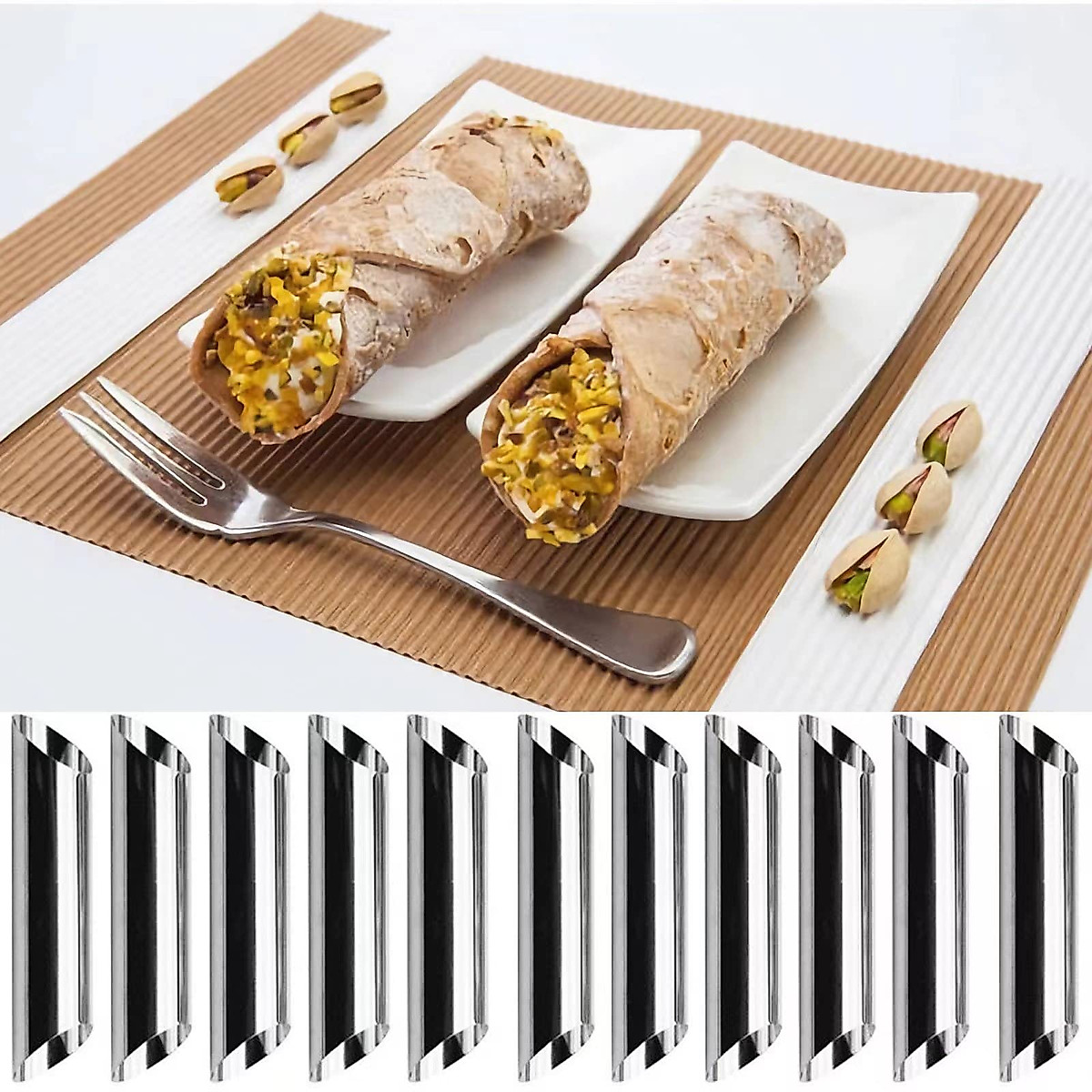 AMBESTAR 10 Pack Cream Horn Molds for Baking +10 Pack Cannoli Tubes Stainless Steel, 5 inch Large Size Cream Horn Mould and Cannoli Tubes for Baking Cream Horns, Brioche Rolls