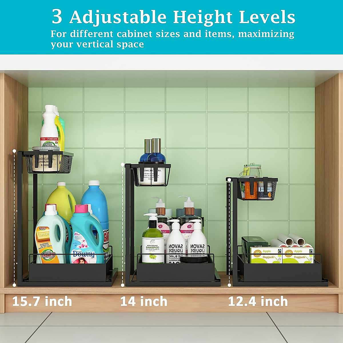 REALINN Under Sink Organizer, 2 Pack Height Adjustable Kitchen Organizers and Storage, 2 Tier Pull Out Sliding Cabinet Organizer, Multi-Use for Kitchen Bathroom Cabinet