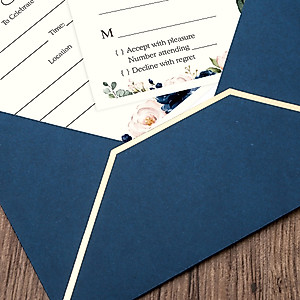 DORIS HOME 25pcs Blue Fill-in Wedding Invitations with Envelopes and RSVP Cards with Pink Rose and Envelope with Gold Border for Engagement/Quinceanera/Bridal Shower/Anniversary