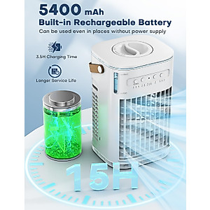 BALKO Small Air Conditioner, 5400mAh Built-in Battery Evaporative Air Cooler, 2 Ice Packs, 7H Timer Smart Auto-Off &Remote, 7 Lights, 1200ML Water Tank, 2-Level Mists, 3-Speed Personal Air Conditioner