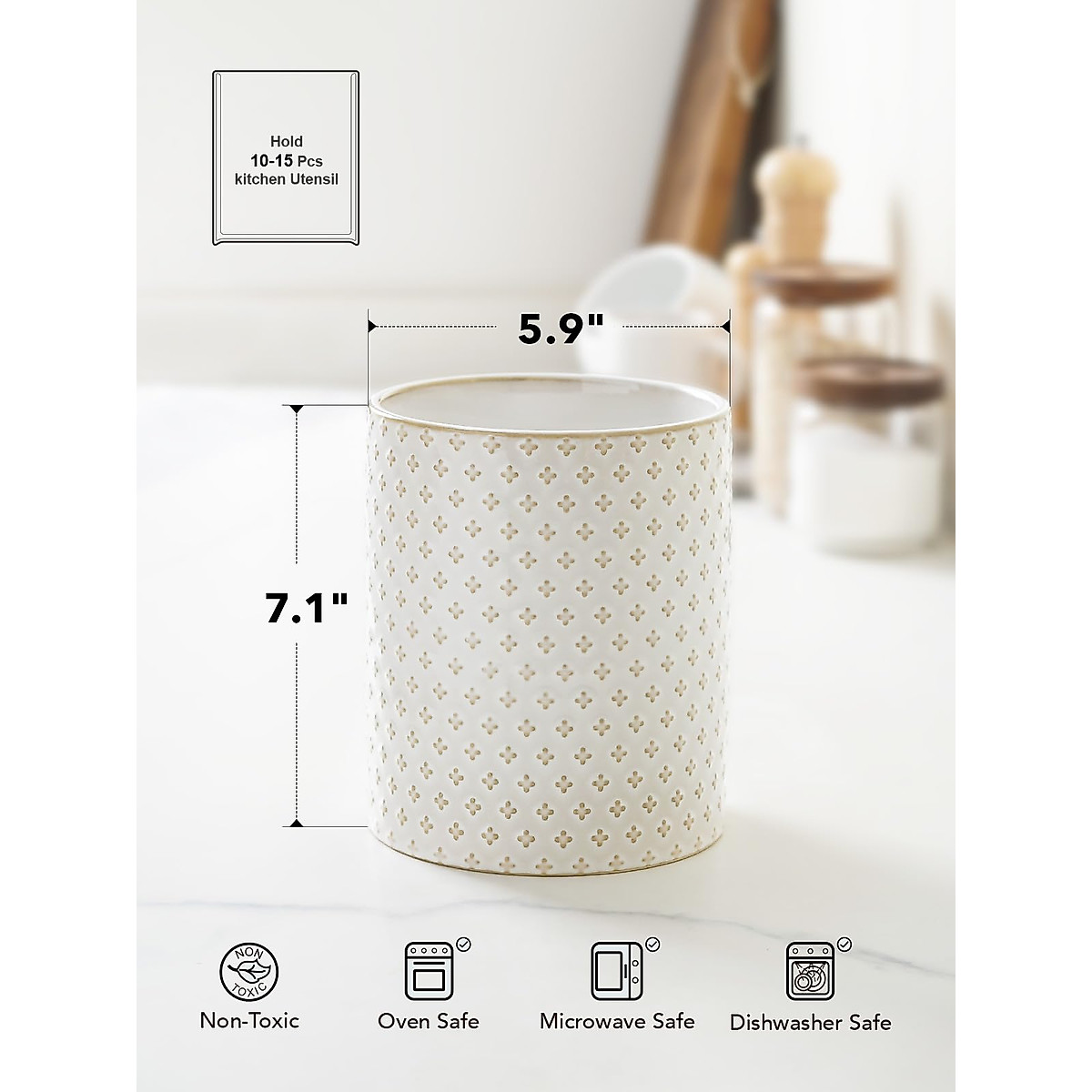 LE TAUCI Utensil Holder, 7.1" Ceramic Kitchen Utensil Holder for Counter top, Embossed Cooking Utensil Organizer for Spatula & Spoon, Kitchen Decor, Set of 1, Arctic White, Clover